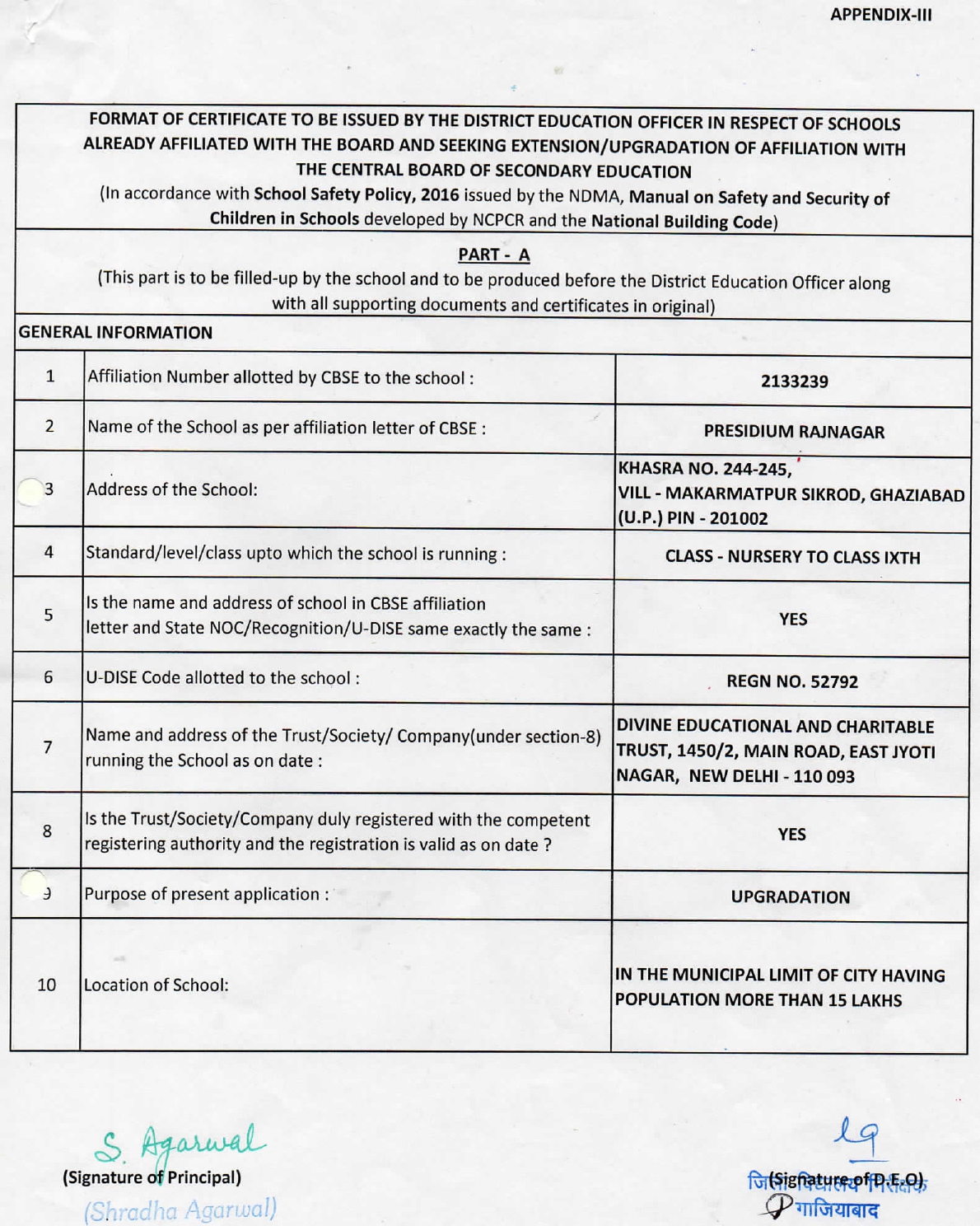 DEO Certificate | Presidium School Raj Nagar